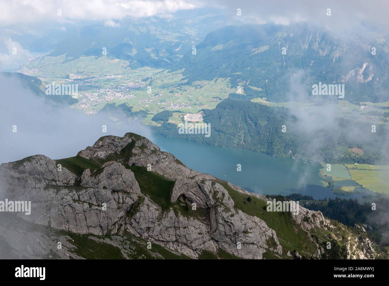 Panorama view of Lucerne lake and mountains scene in Pilatus of Lucerne ...