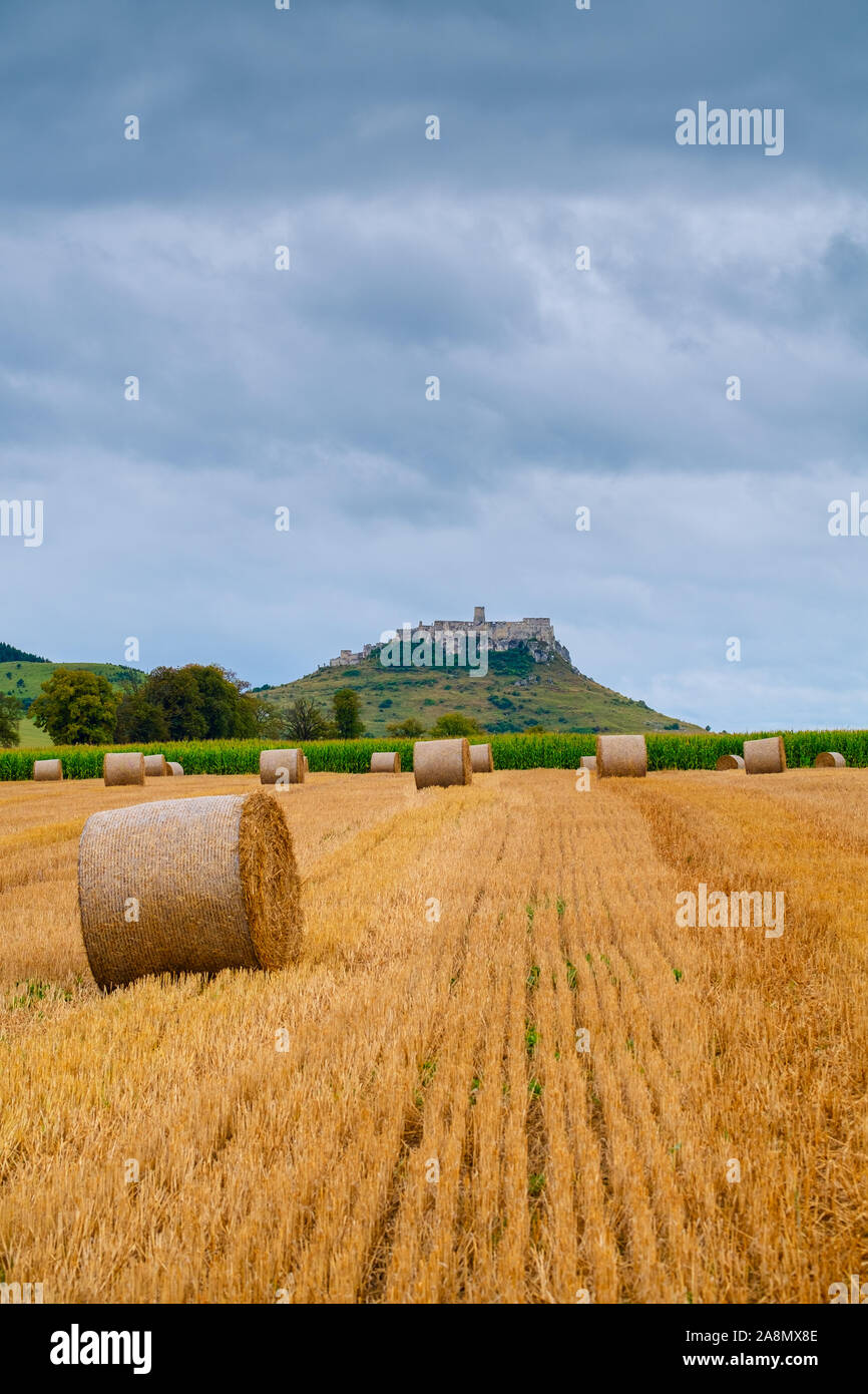 Hay bales on the field after harvest and behind, second biggest castle ...