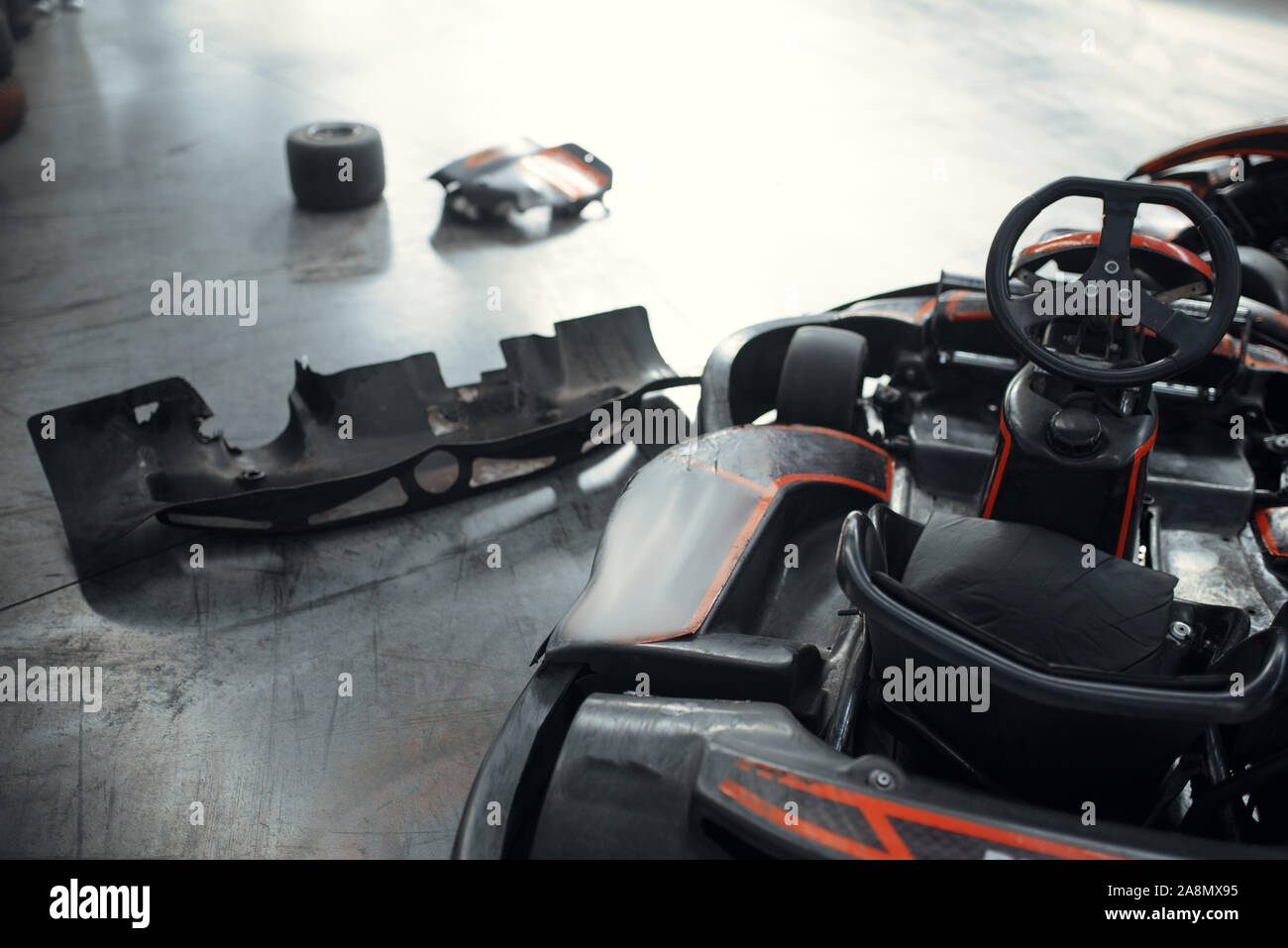 Go kart cars and damaged tires, crash, karting Stock Photo - Alamy