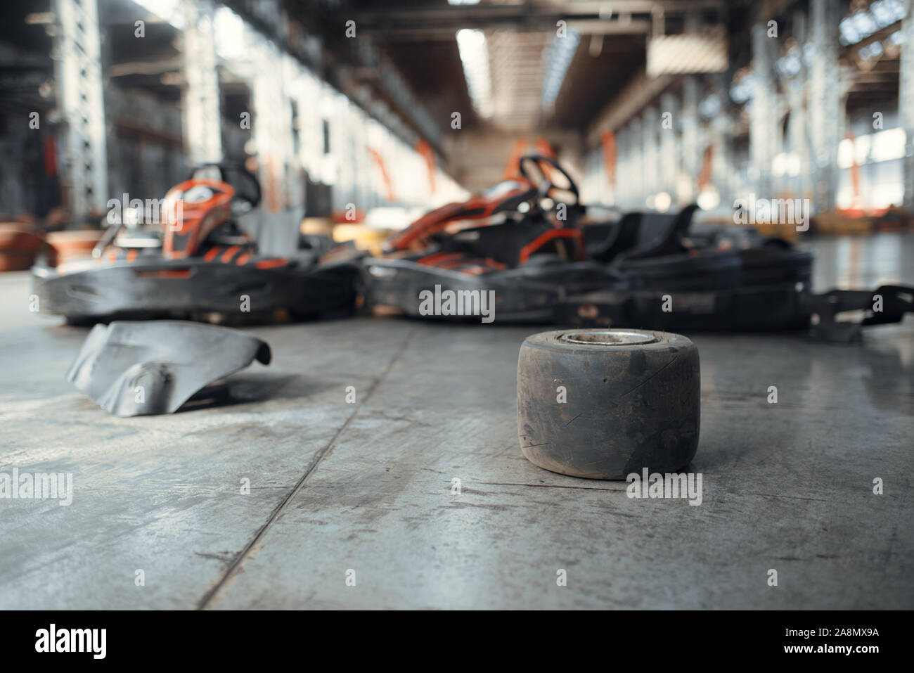Go kart cars and damaged tires, crash, karting Stock Photo - Alamy