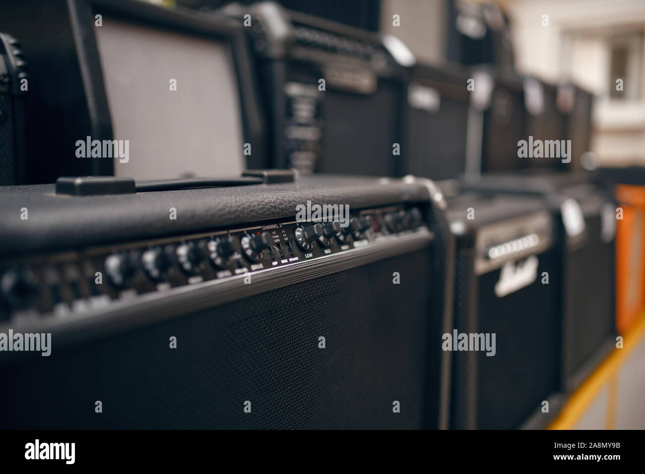 Sound combo amplifiers on showcase in music store Stock Photo - Alamy