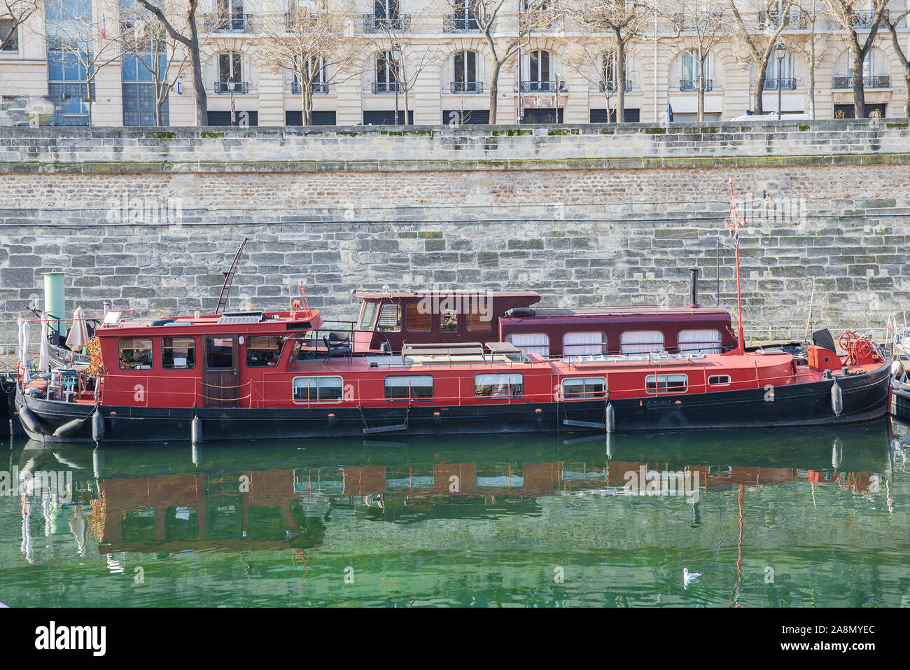 Paris, Bastille harbor, houseboats and quay with buildings Stock Photo ...