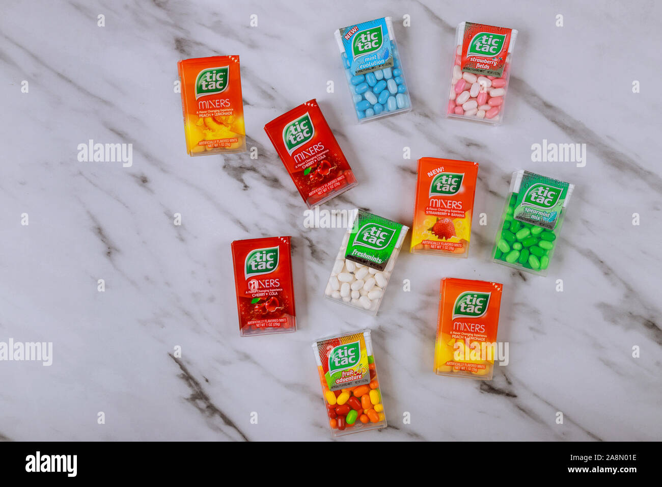 New York NY NOV 08 2019: Candies variety of Tic Tac in the mint boxes ...
