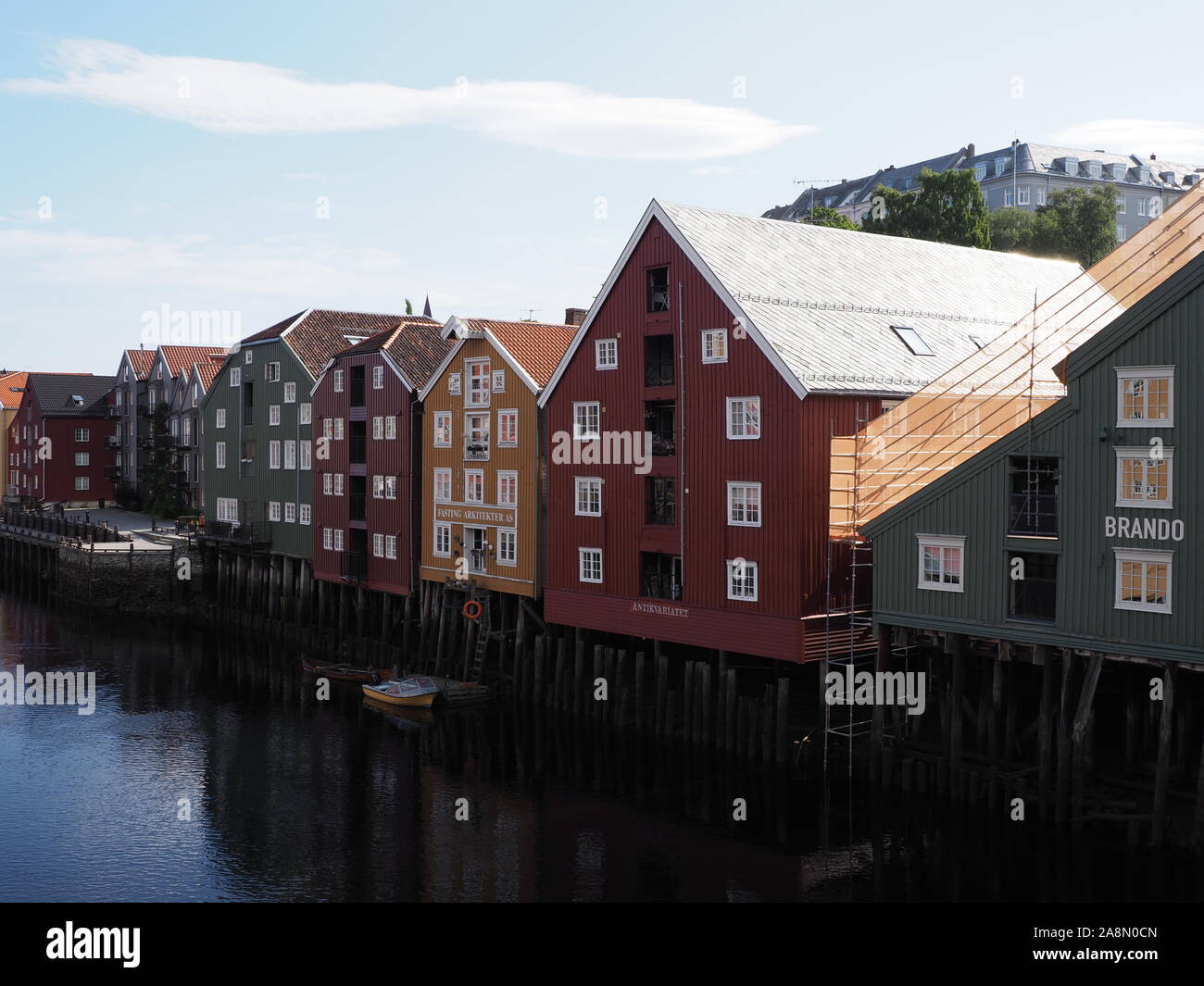 TRONDHEIM, NORWAY on JULY 2019: Picturesque buildings reflected in ...