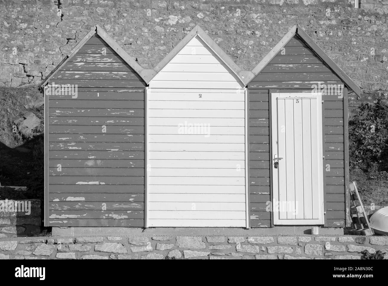 Bathing huts on the beach, Grande Plage, Brittany, Ile-aux-Moines Stock ...