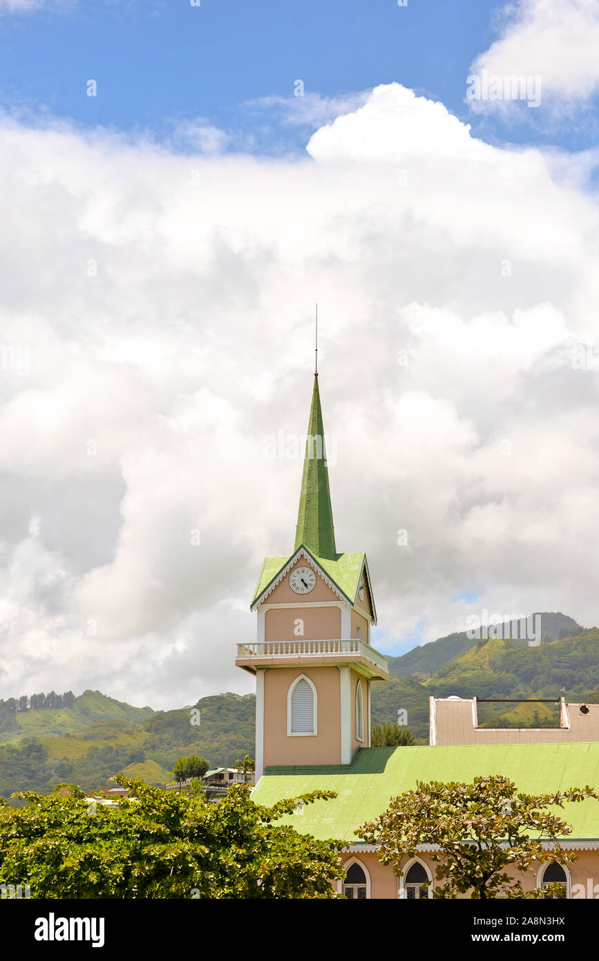 Pink and green church in Papeete, Tahiti, French Polynesia Stock Photo ...