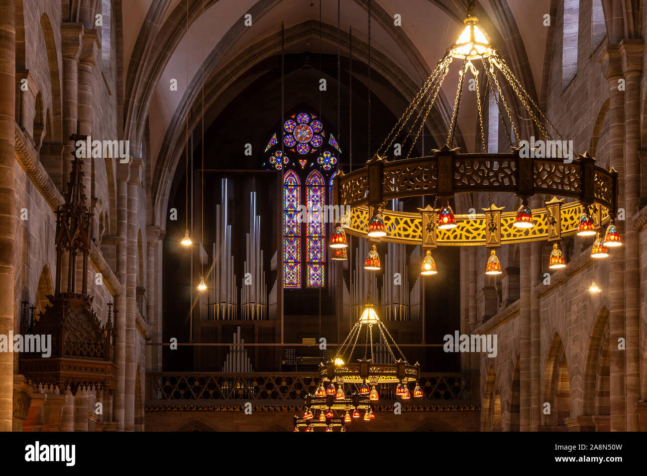 Interior view of the Basel Minster with the big Mathis organ settled ...