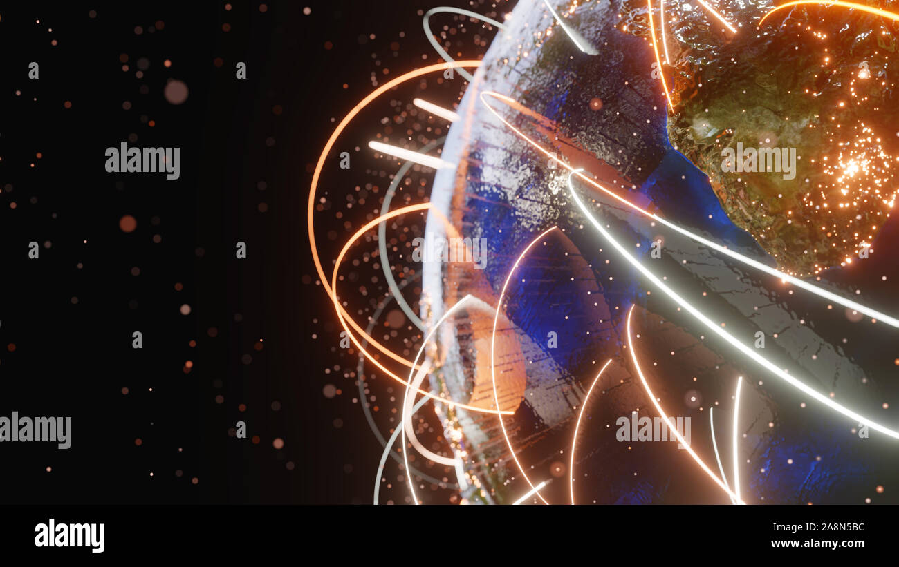 Connection curves and dots around Earth globe, Futuristic technology ...