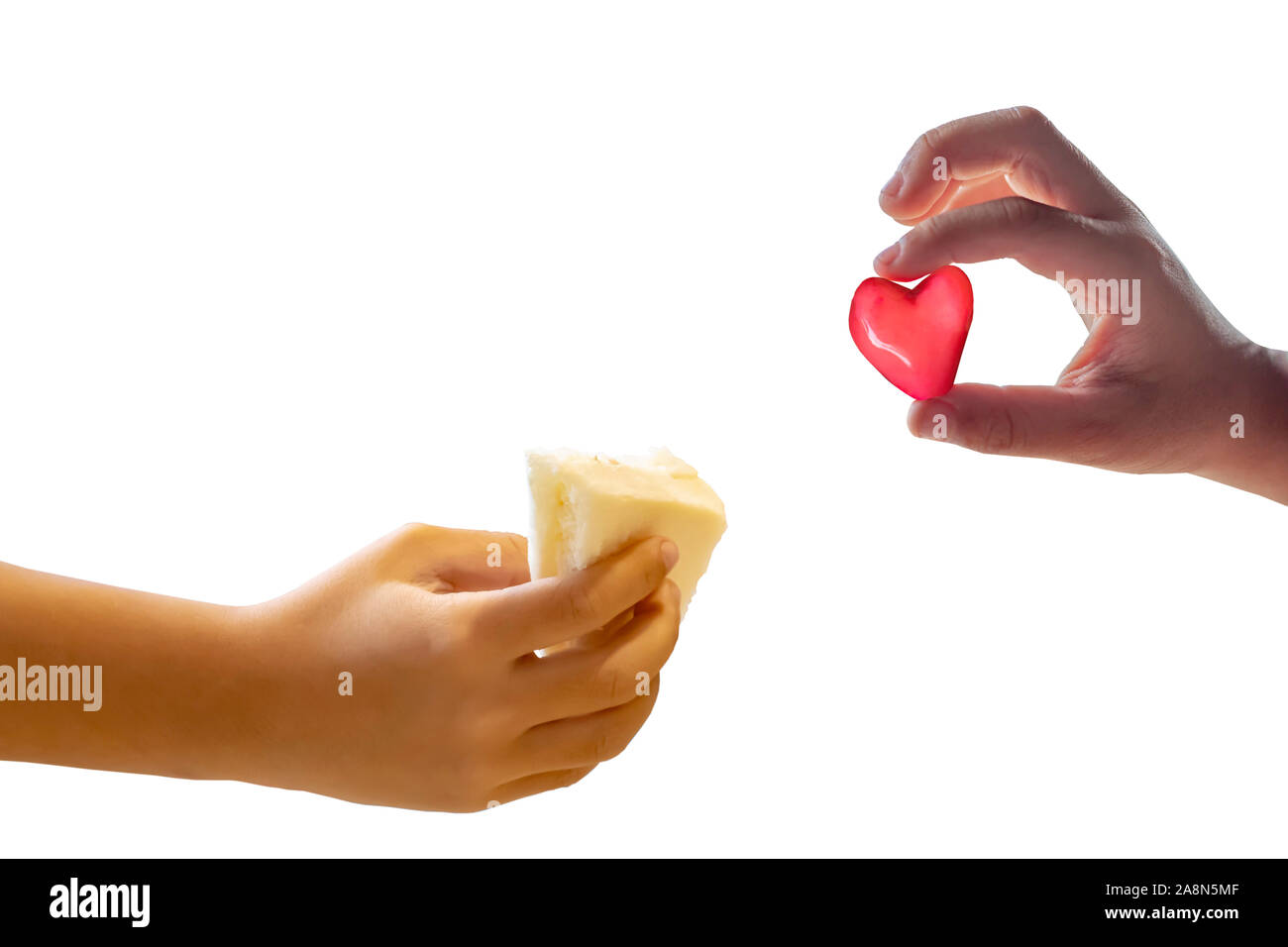 Isolated Hand boy holding the bread sandwich and holding a red candy ...