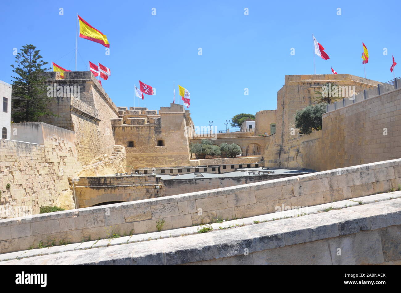 Flags Flying above the Fortifications of Birgu (Vittoriosa), Malta ...