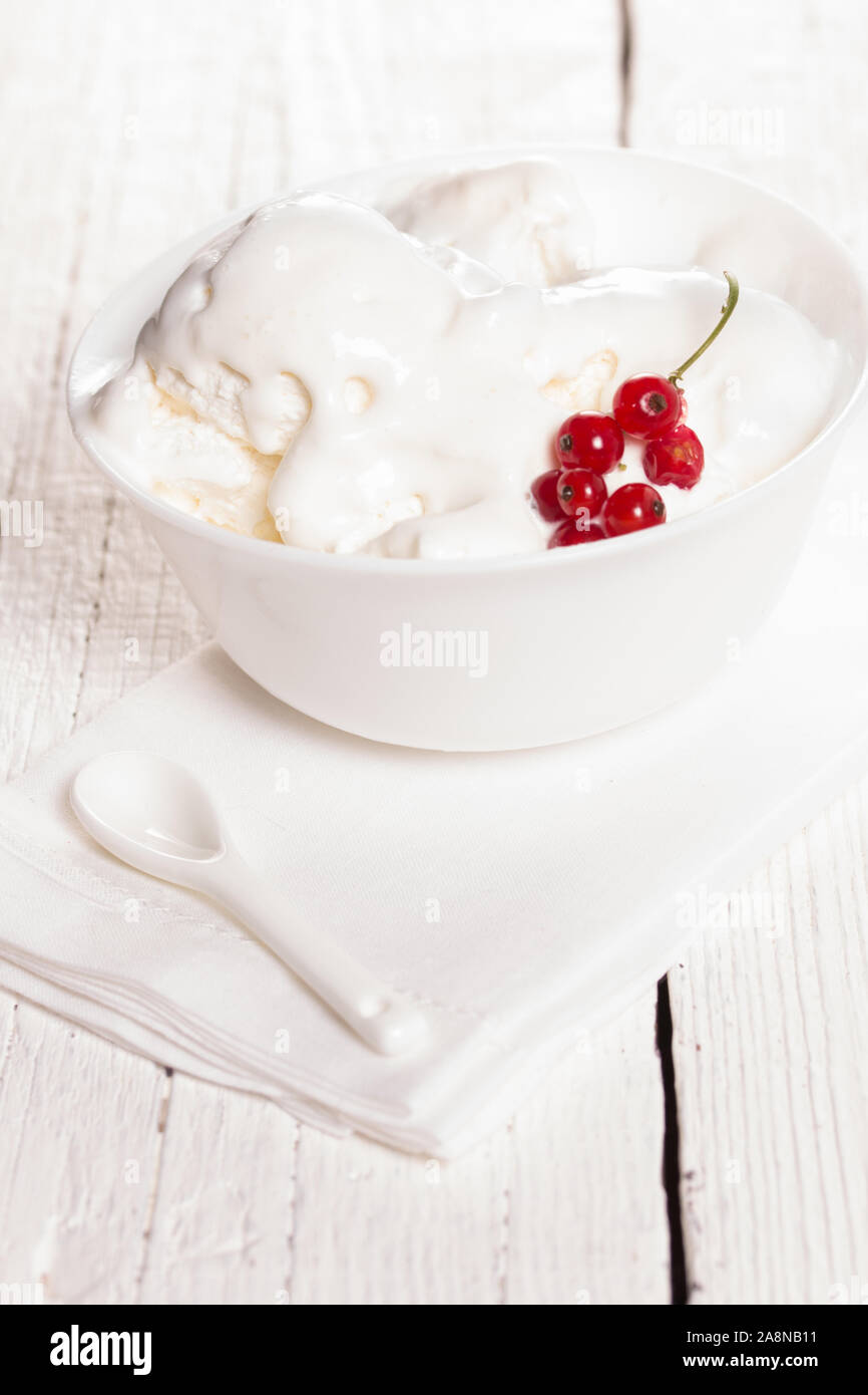 Vanilla ice cream with red currant on white background Stock Photo - Alamy