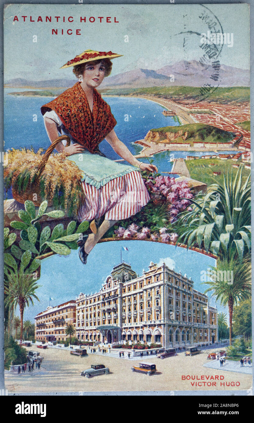 Nice, Atlantic hotel. Carte postale publicitaire ancienne, illustration ...