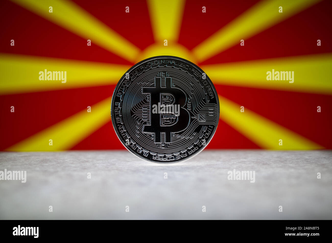 Physical silver version of Bitcoin (BTC) and Macedonia Flag on the ...