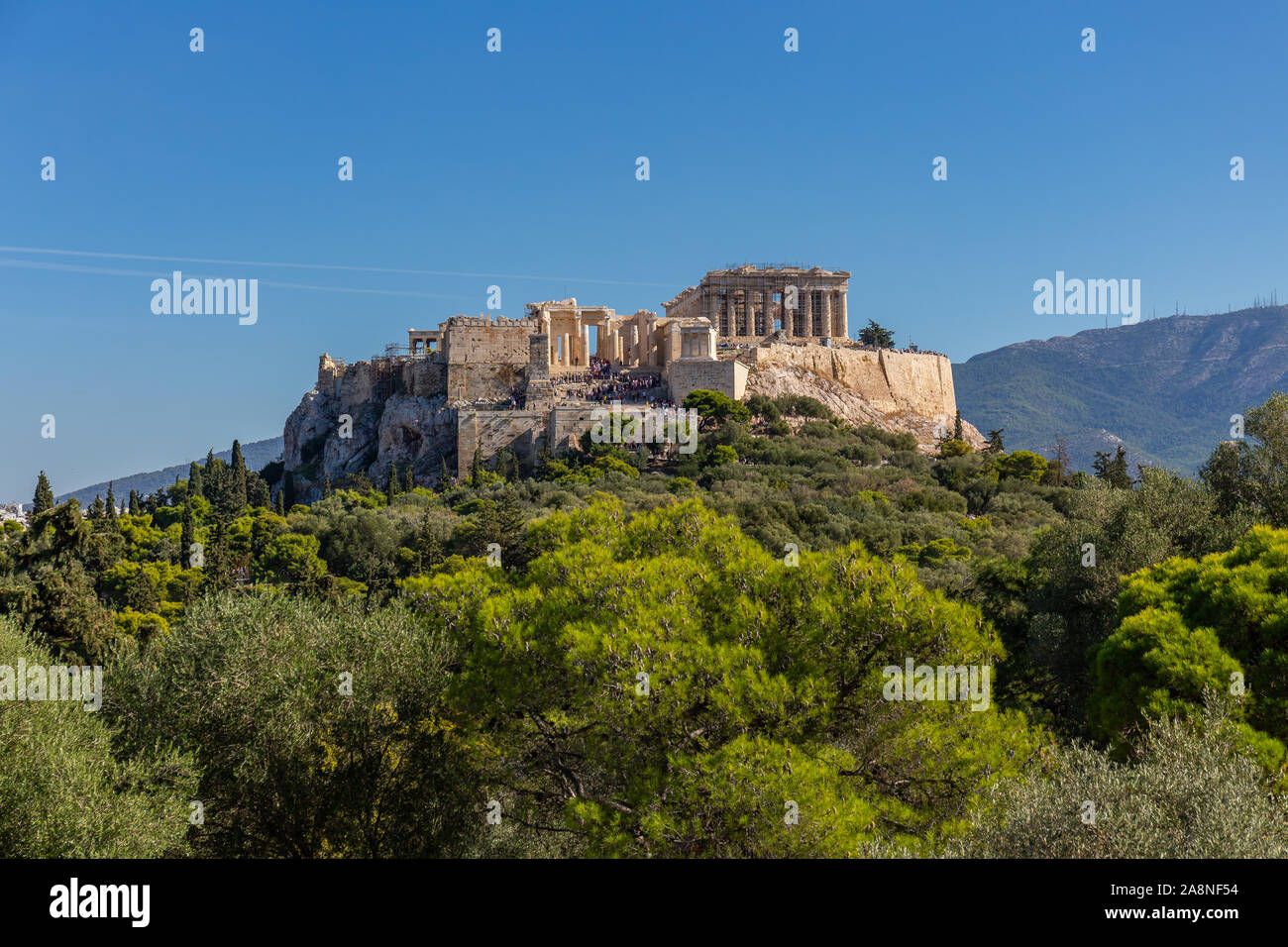 distant view on Acropolis from Pnyx hill, Athens, Greece Stock Photo ...