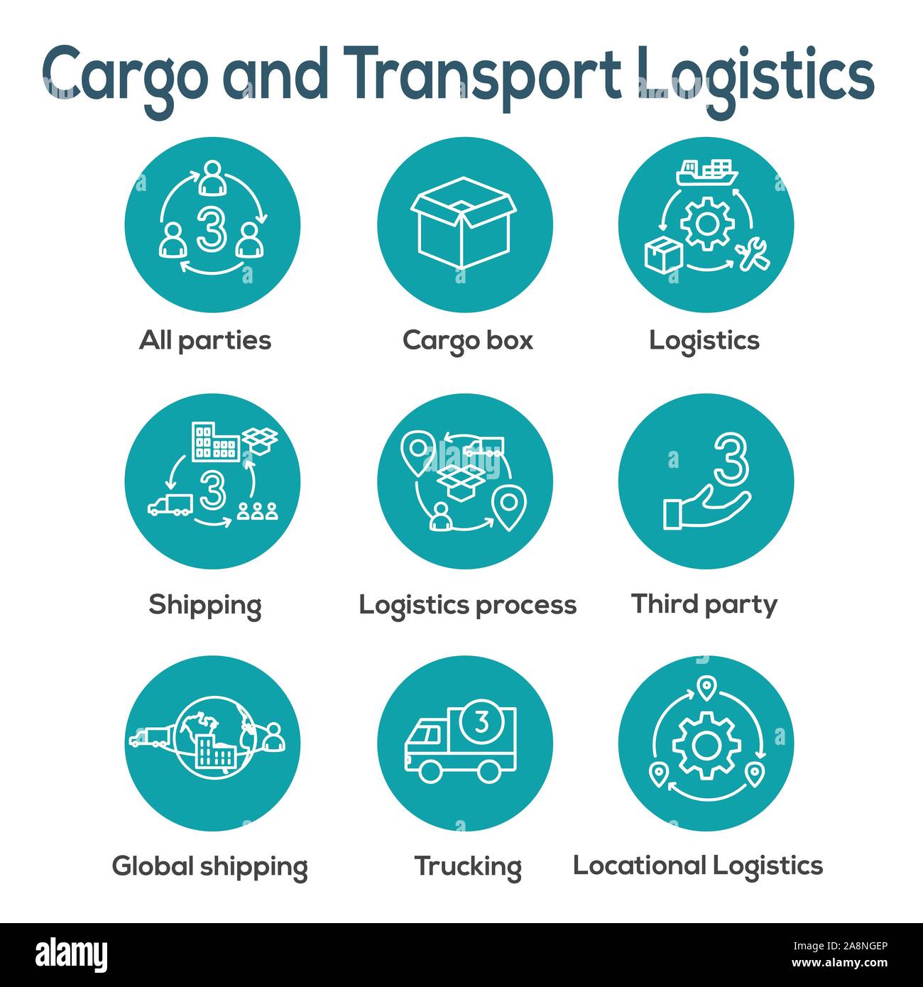 Logistics icon set w buildings, trucking, people and shipping box Stock ...
