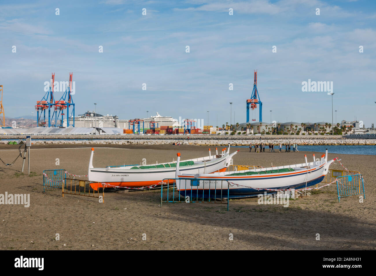 Old traditional spanish rowing Boat (Jabega) on the beach of Malaga ...
