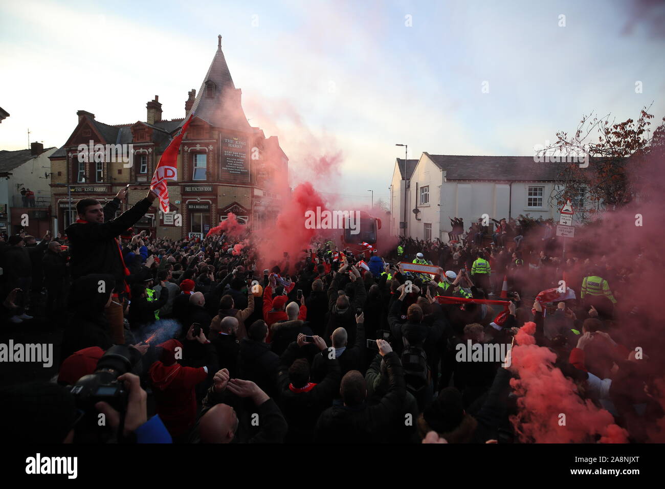 Flares are set up before the game during the Premier League match at ...