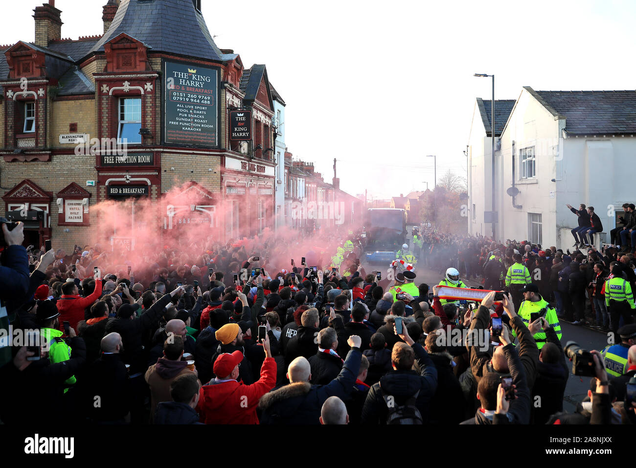 Flares are set up before the game during the Premier League match at ...