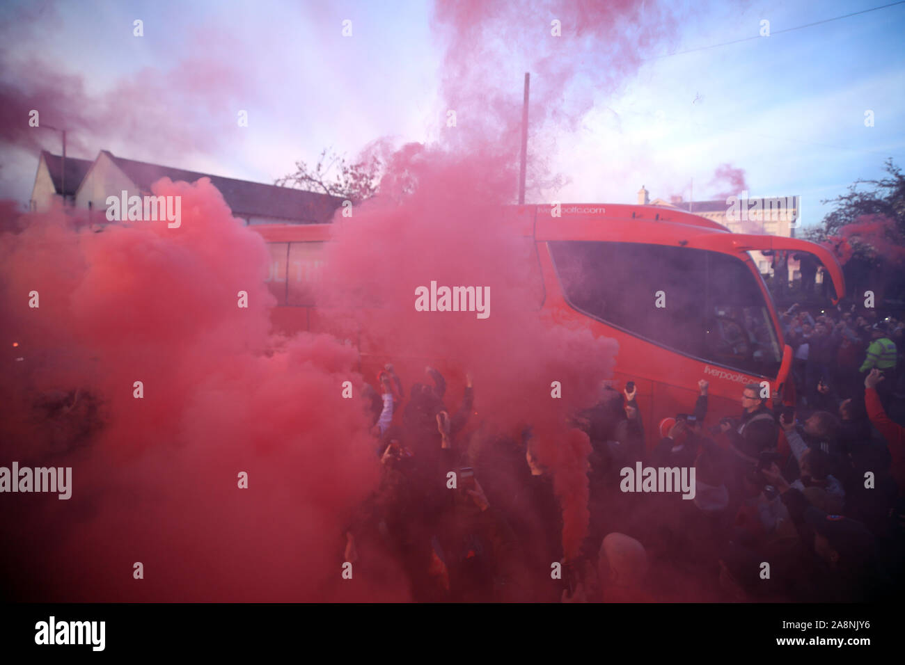 Flares are set up before the game during the Premier League match at ...