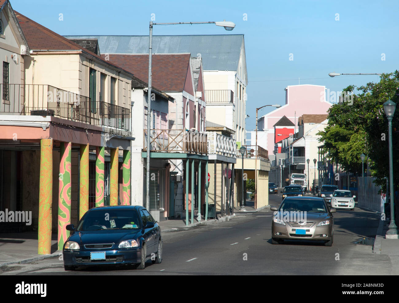 The morning view of Bay Street, the main street in Nassau, the capital ...