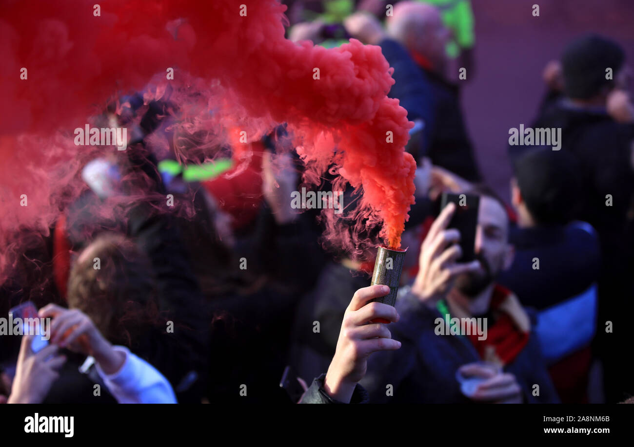Flares are set off before the game during the Premier League match at ...
