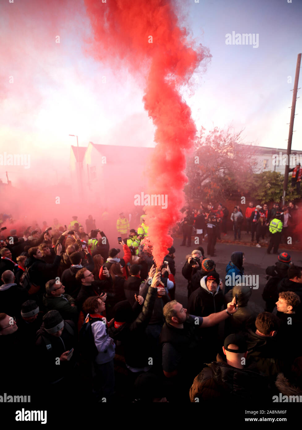 Flares are set off before the game during the Premier League match at ...