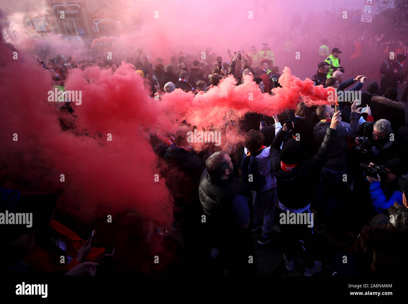 Flares are set off before the game during the Premier League match at ...