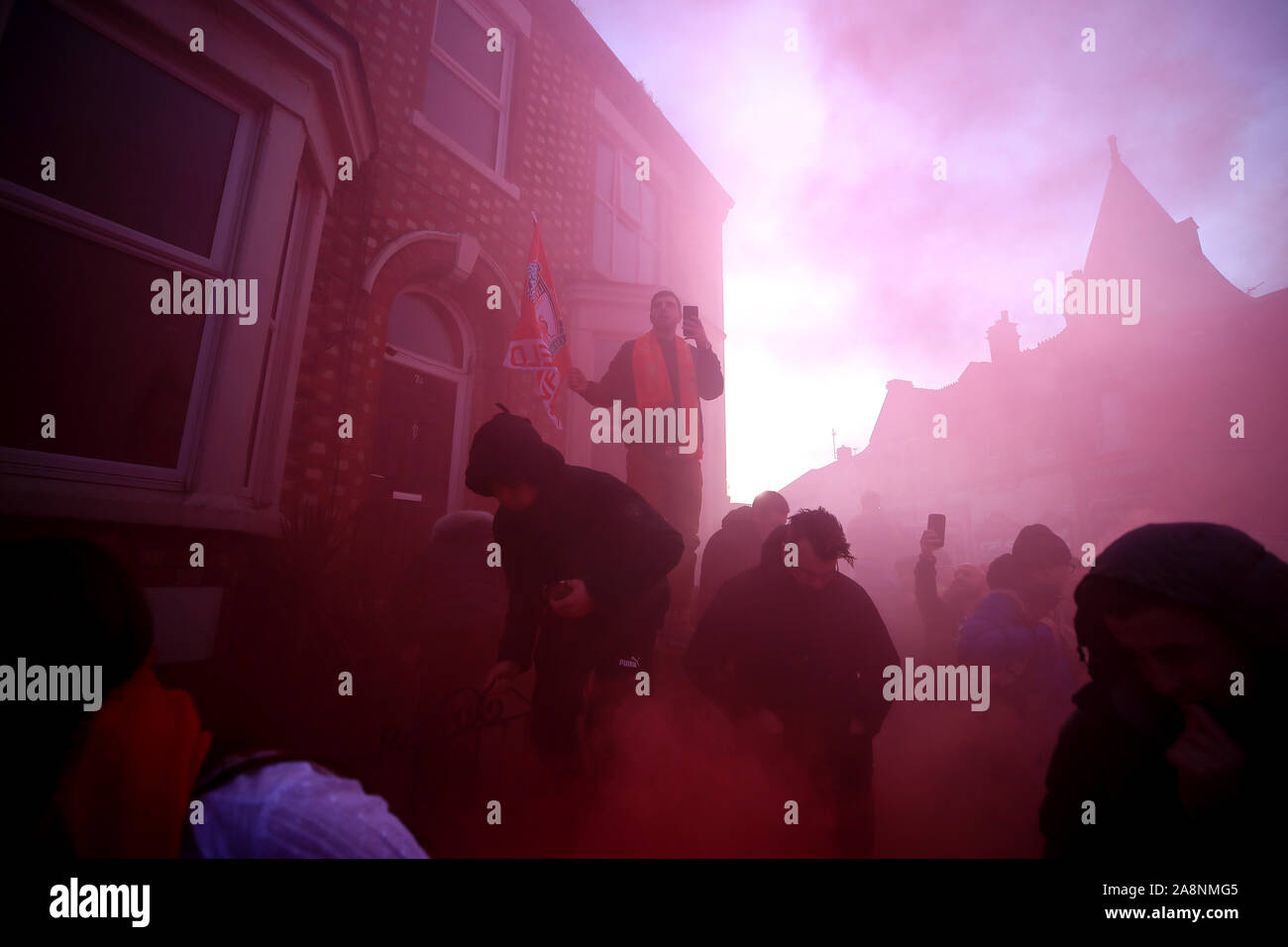 Flares are set off before the game during the Premier League match at ...