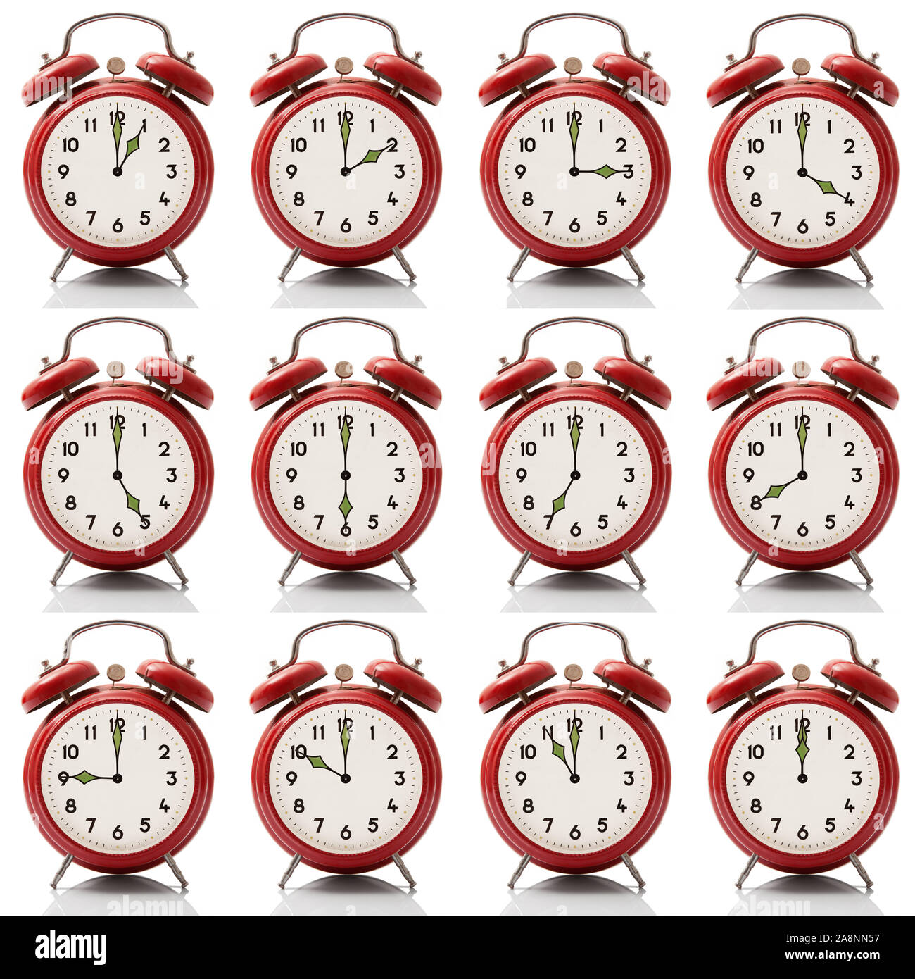 isolated collage alarm clock at every hour on white background Stock ...
