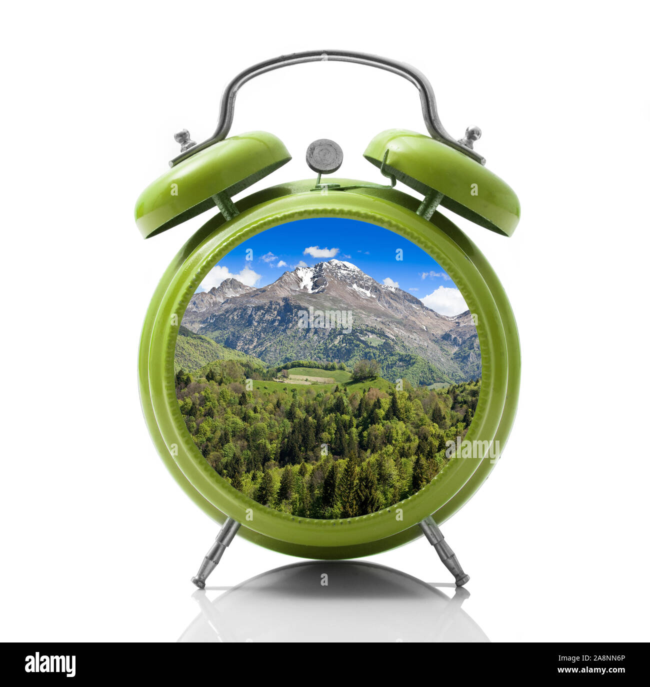 isolated alarm clock with mountain dial on white background Stock Photo ...