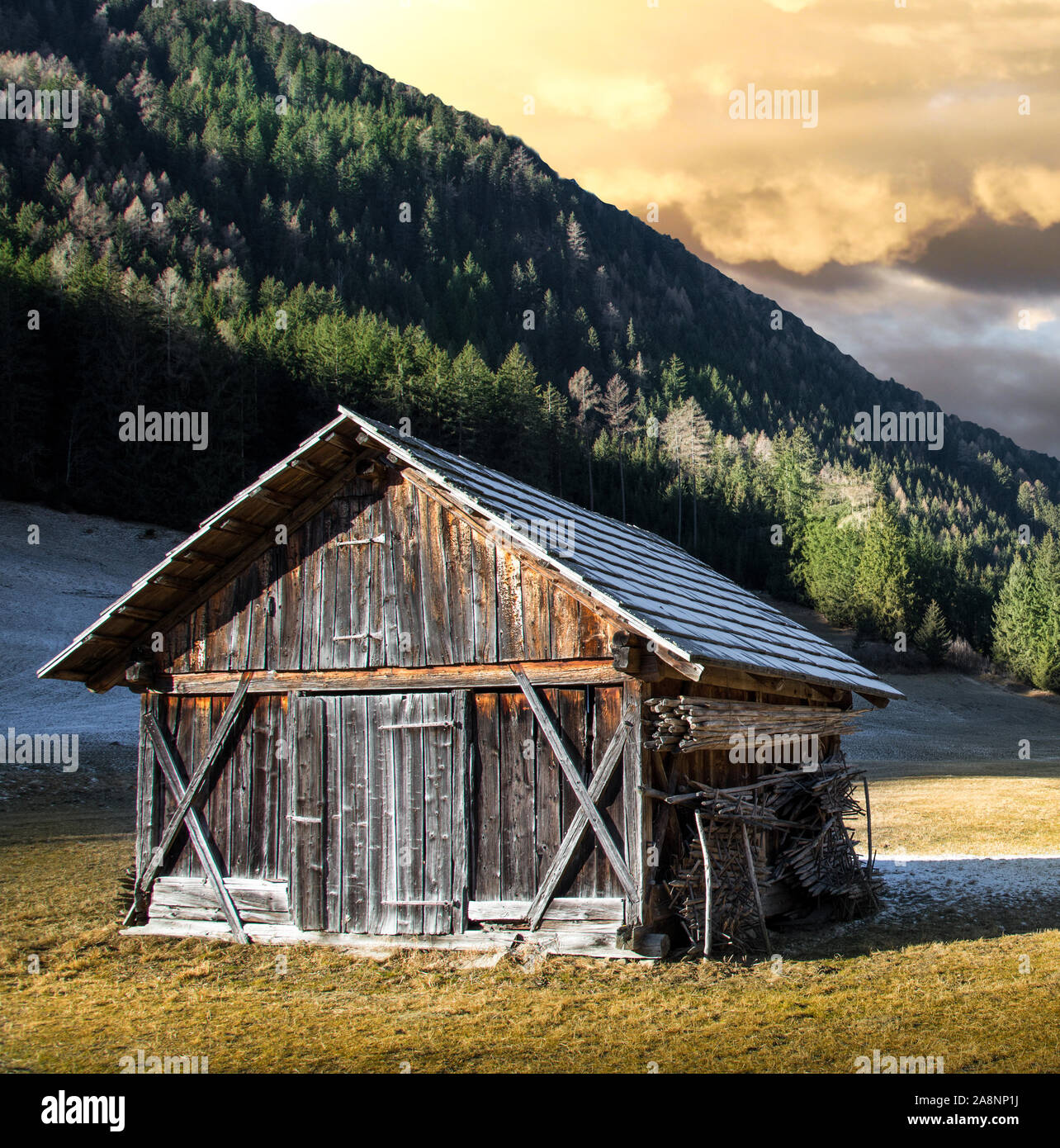 wooden alpine hut in south tyrol Stock Photo - Alamy