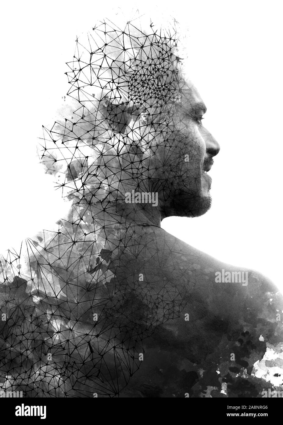 Paintography. Double exposure portrait of a man with strong features ...