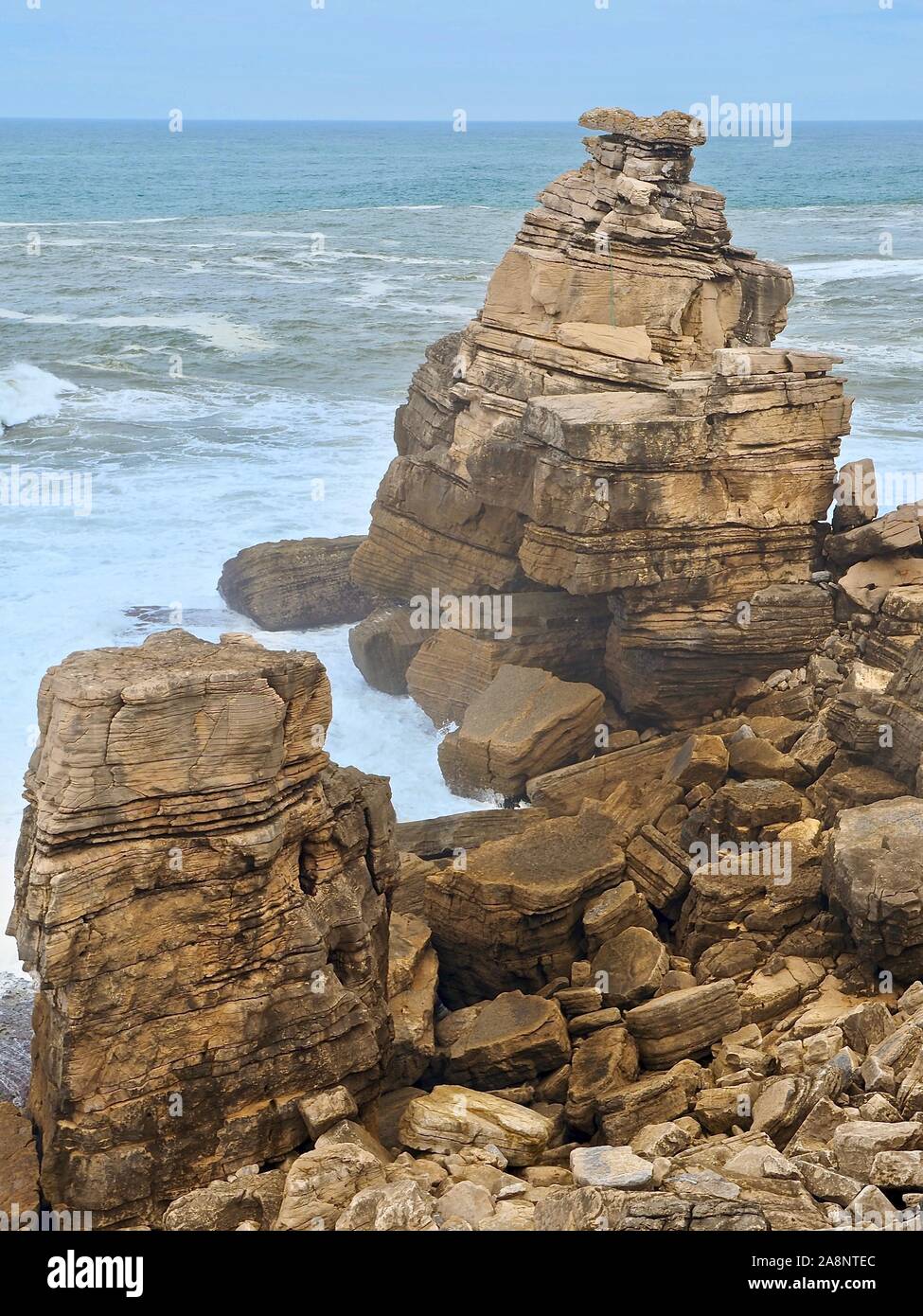 Huge interesting cliffs in Peniche in Portugal with a face Stock Photo ...
