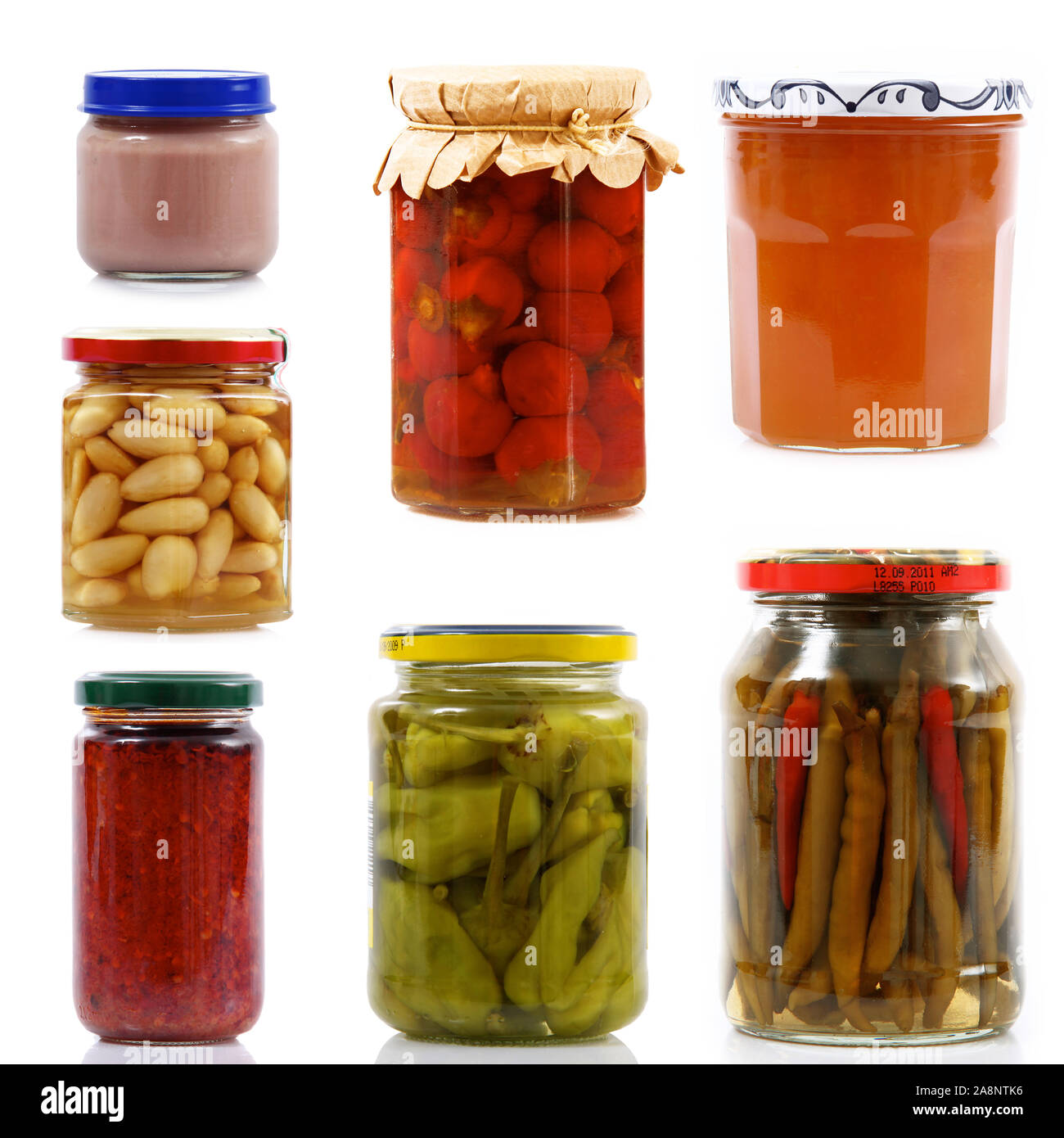 food jars collage on white background Stock Photo - Alamy