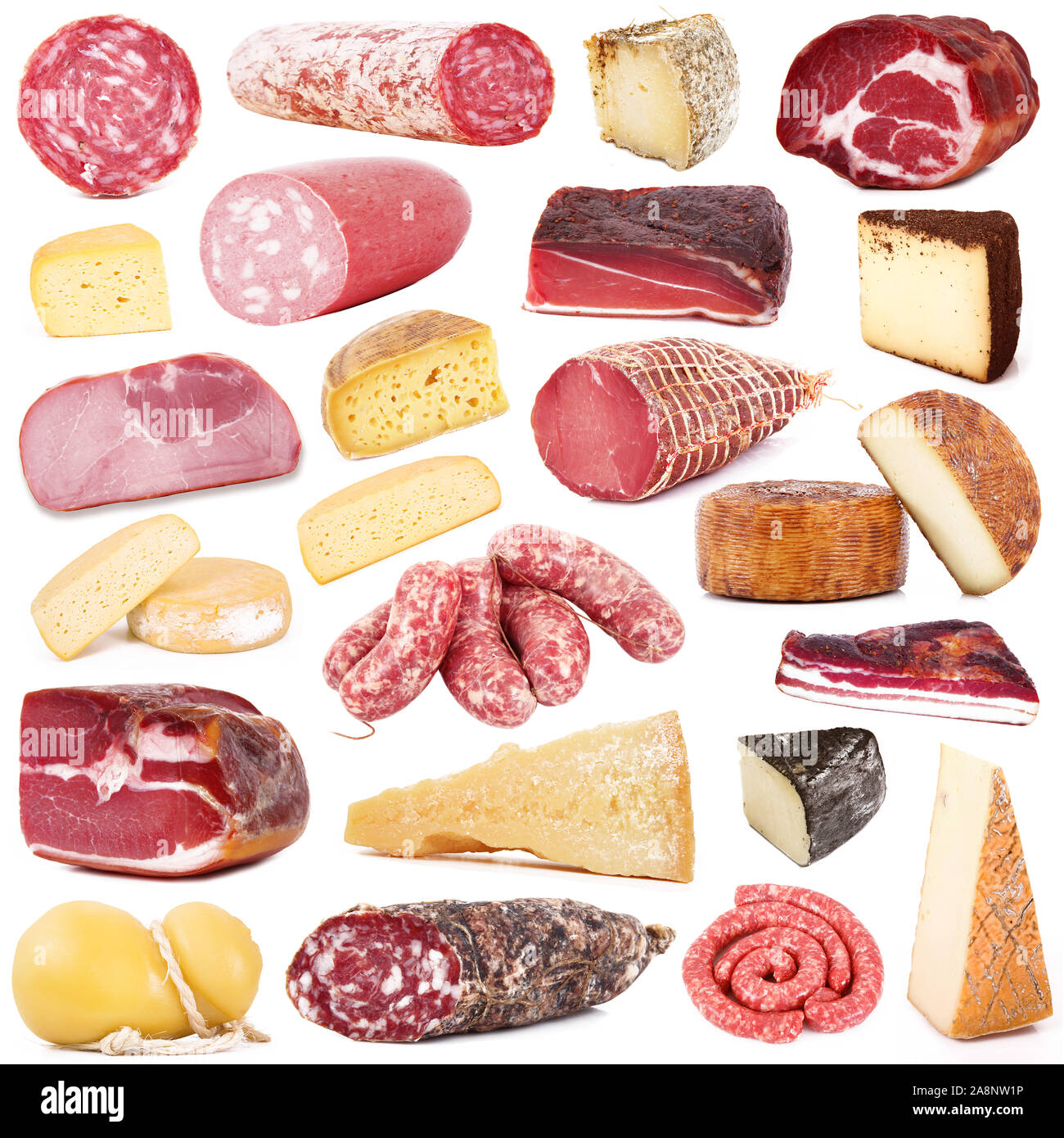 italian salami ham and cheese collage on white background Stock Photo ...
