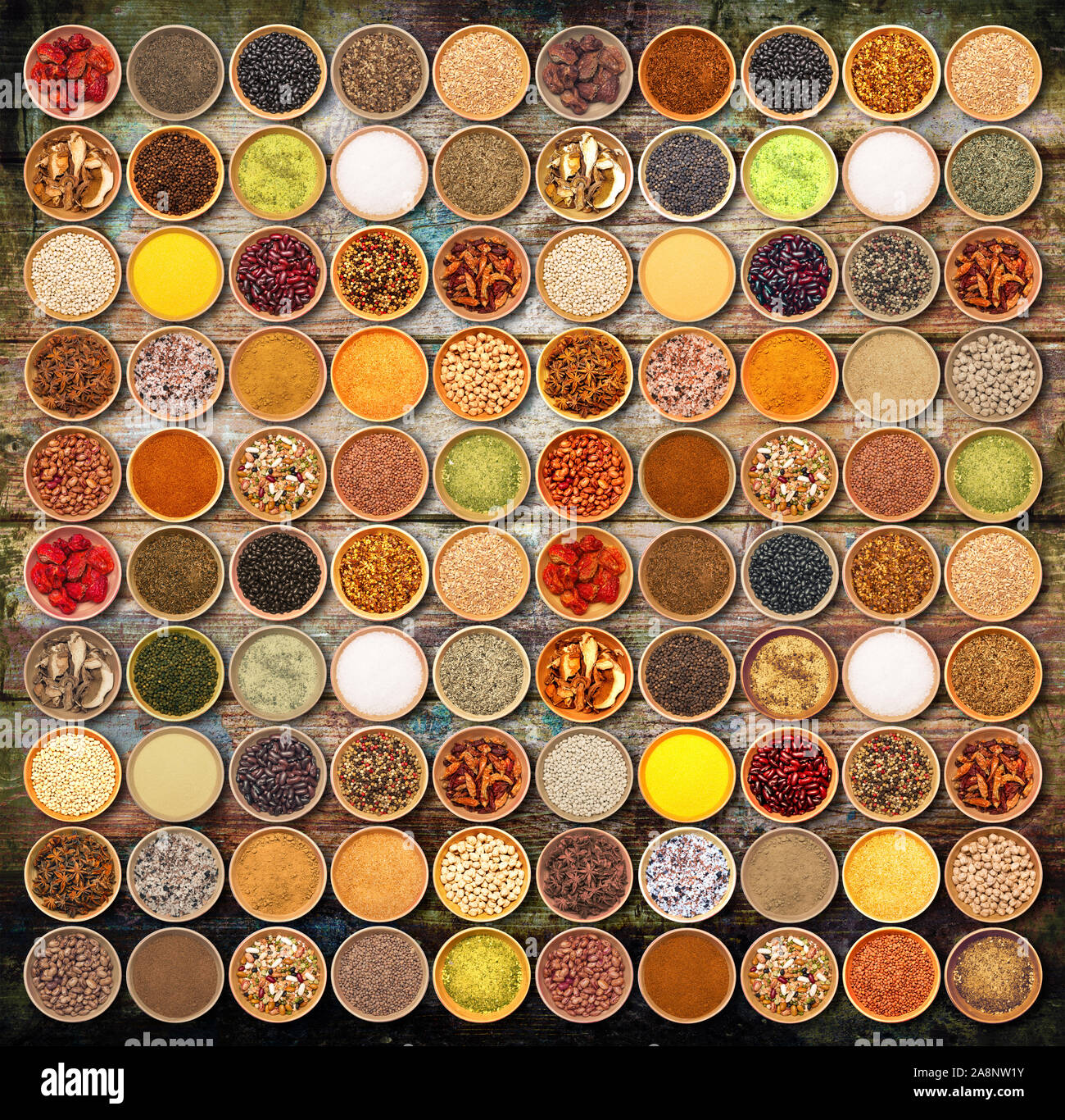 an aromatic ingredients collage on wood background Stock Photo - Alamy