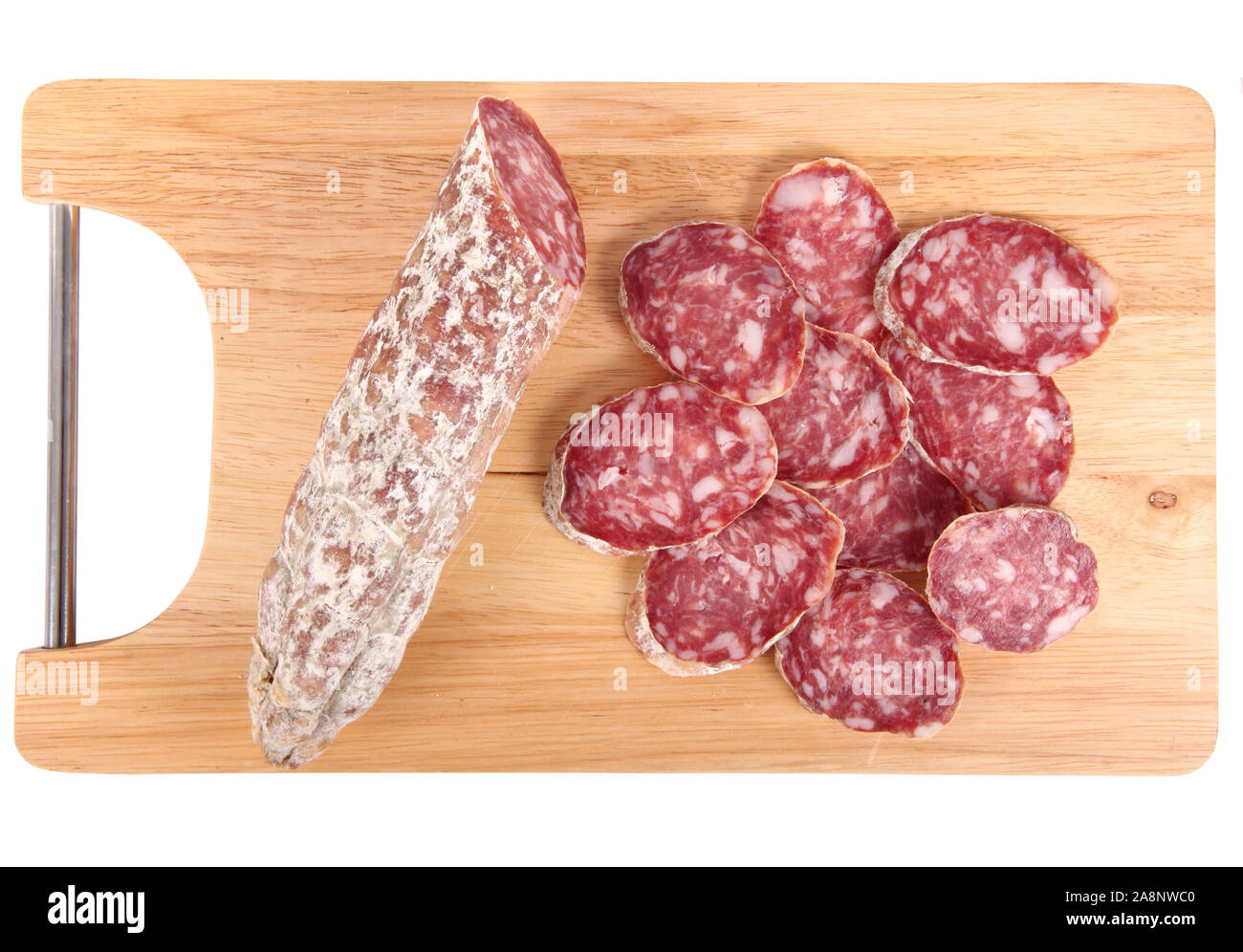italian salami slices on chopping board background Stock Photo - Alamy