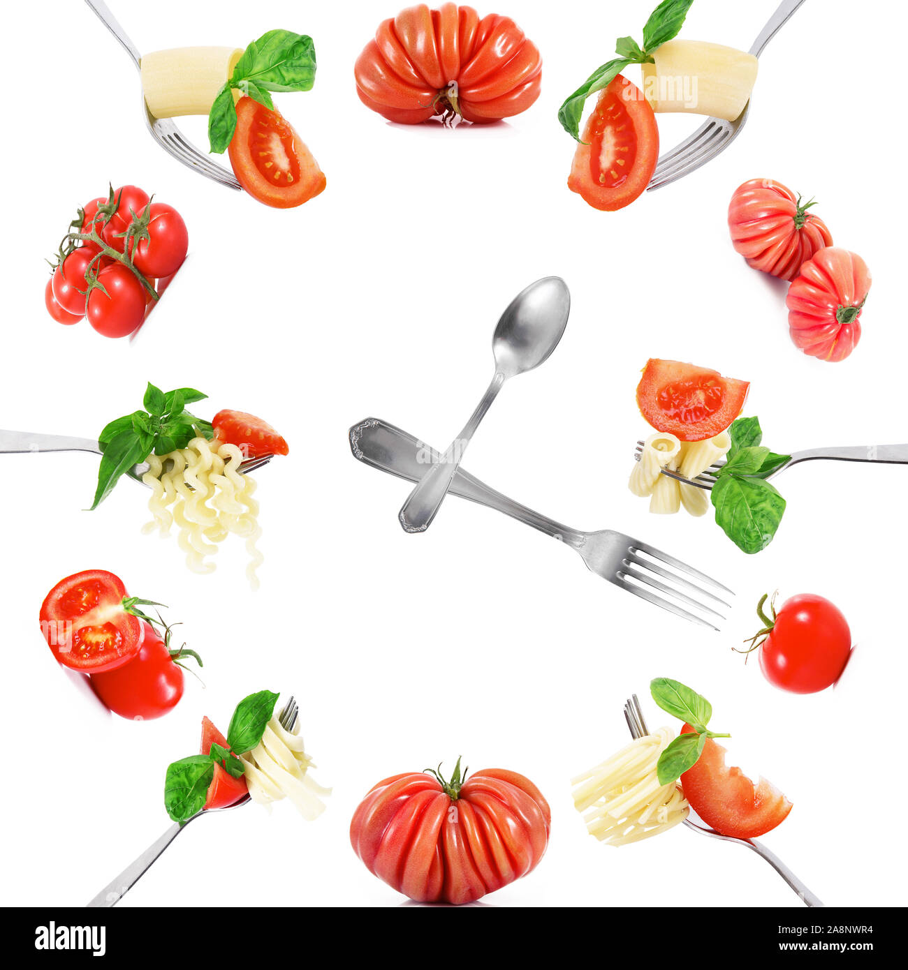 pasta and tomato clock on white background Stock Photo - Alamy