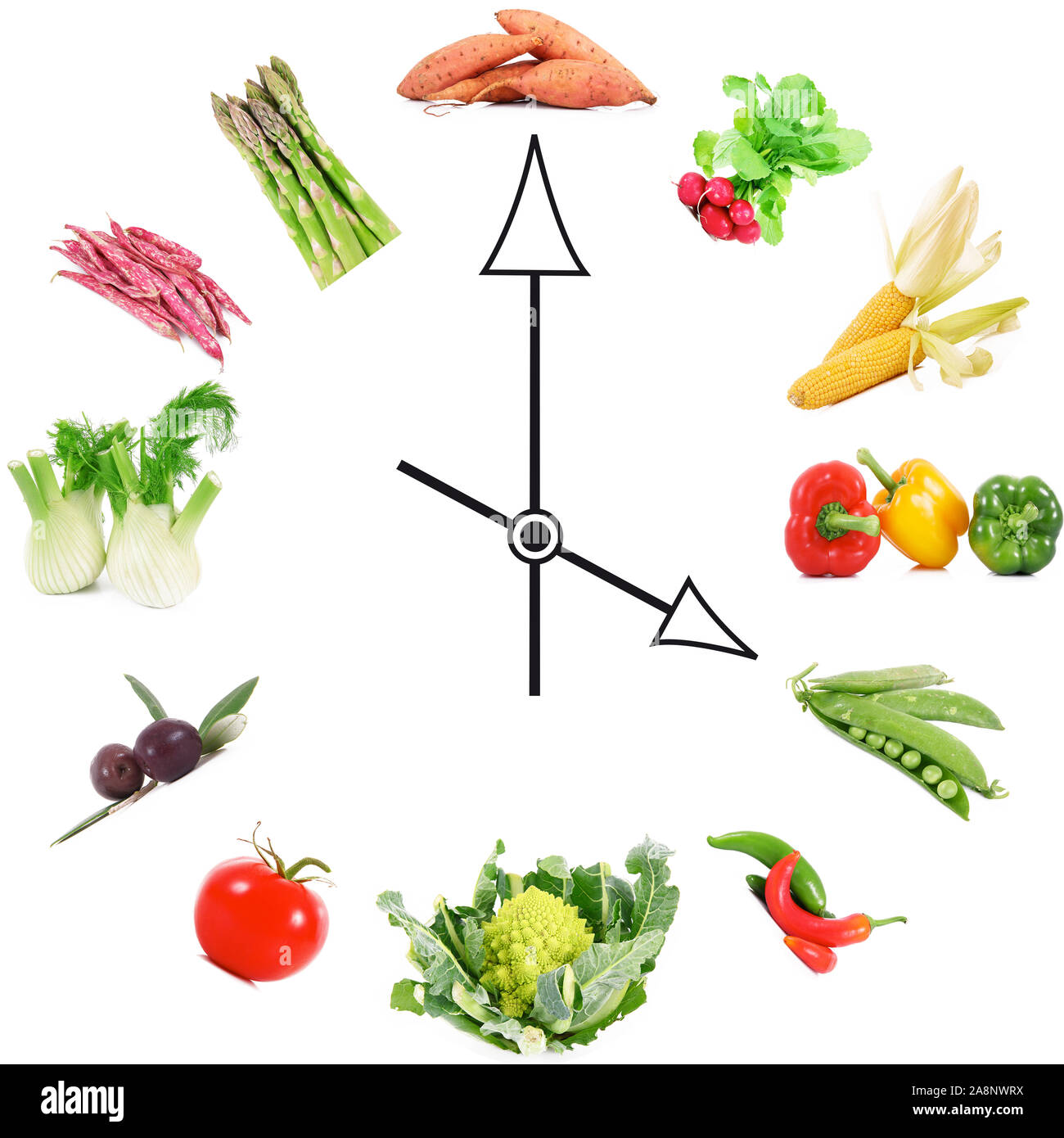 vegetables clock on white background Stock Photo - Alamy