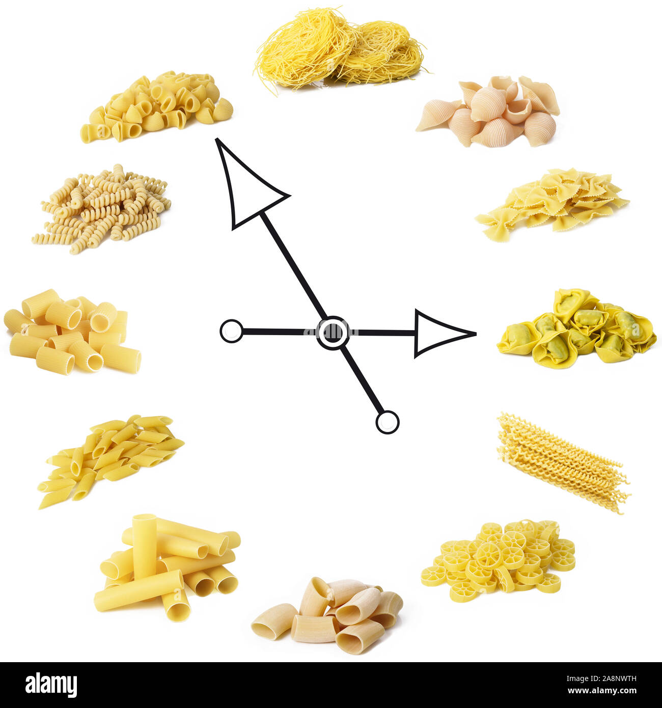 italian pasta clock on white background Stock Photo - Alamy