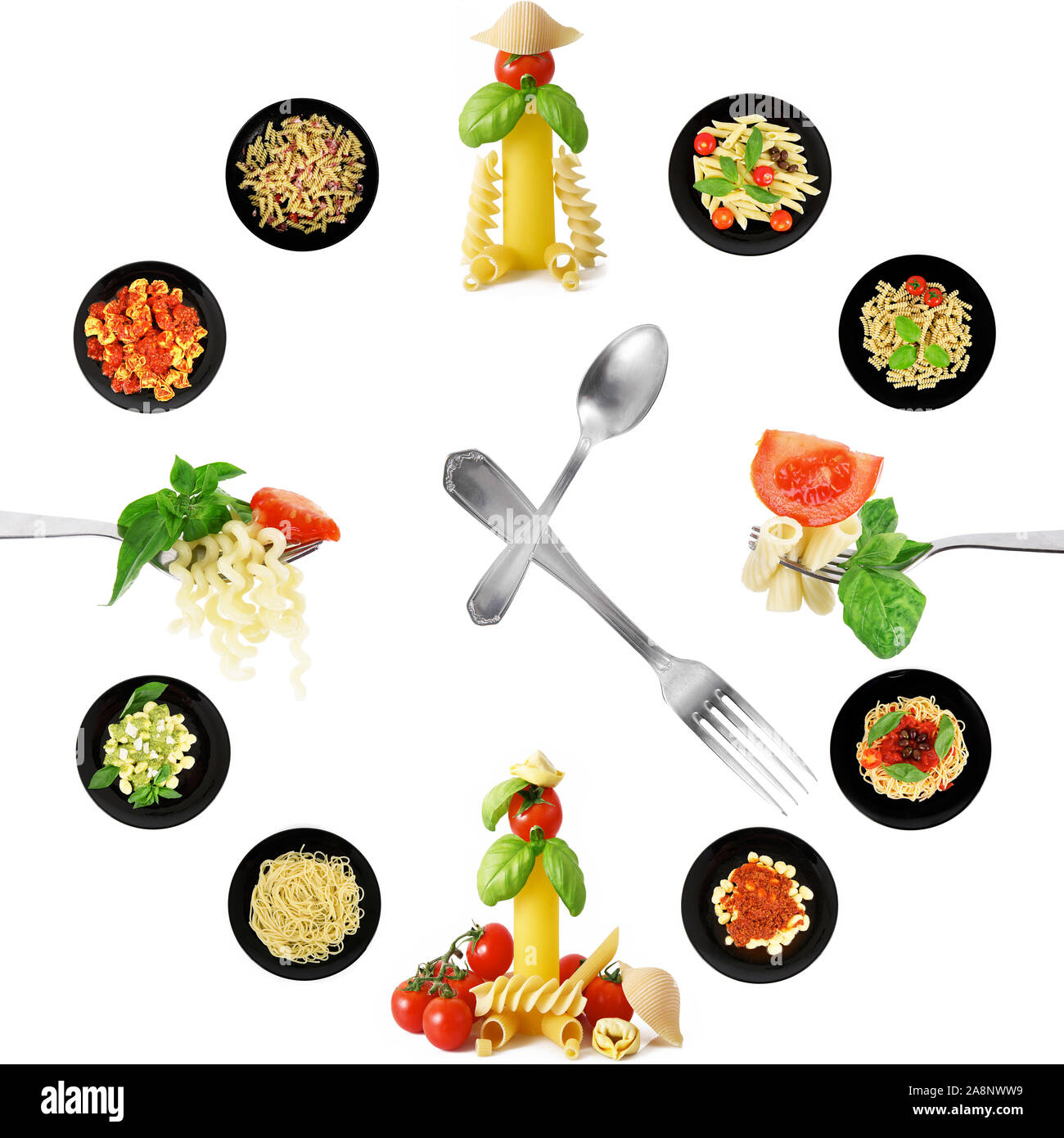 pasta and tomato clock on white background Stock Photo - Alamy