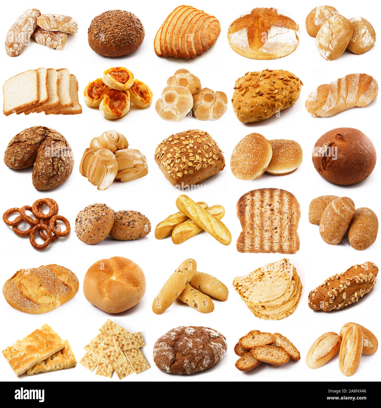fresh bread collage on white background Stock Photo - Alamy