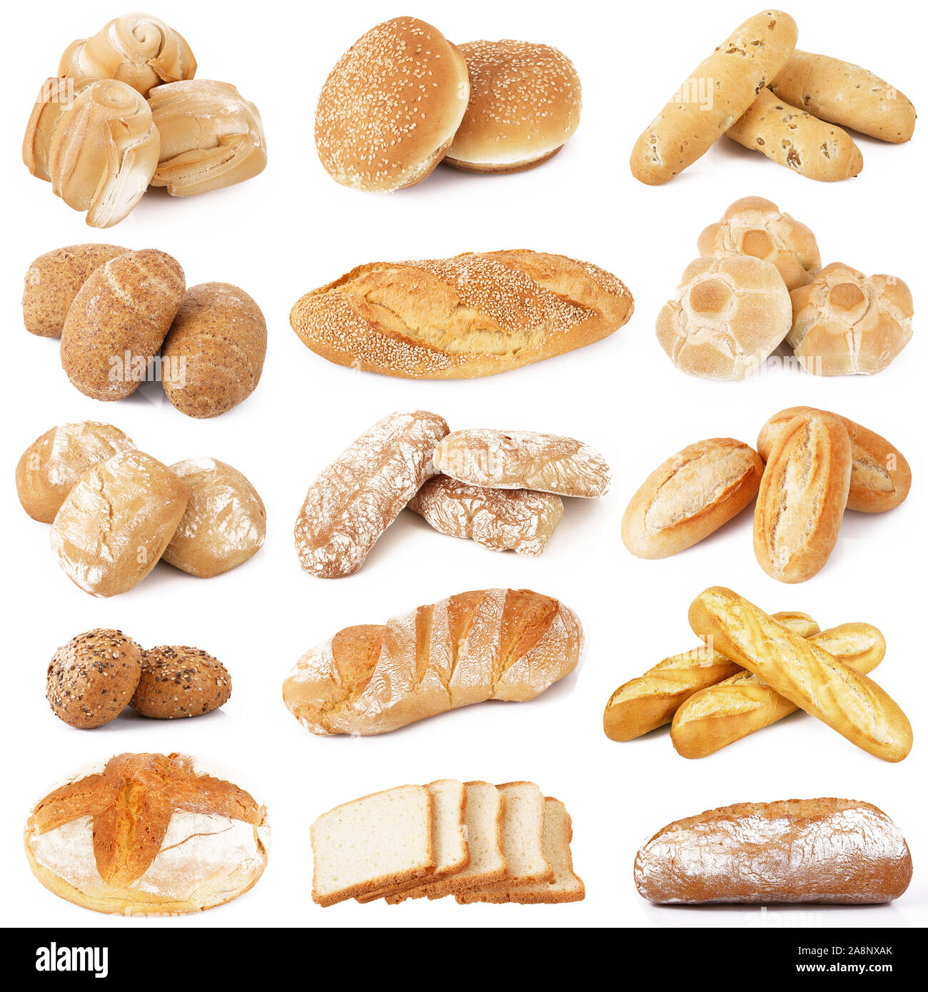 fresh bread collage on white background Stock Photo - Alamy