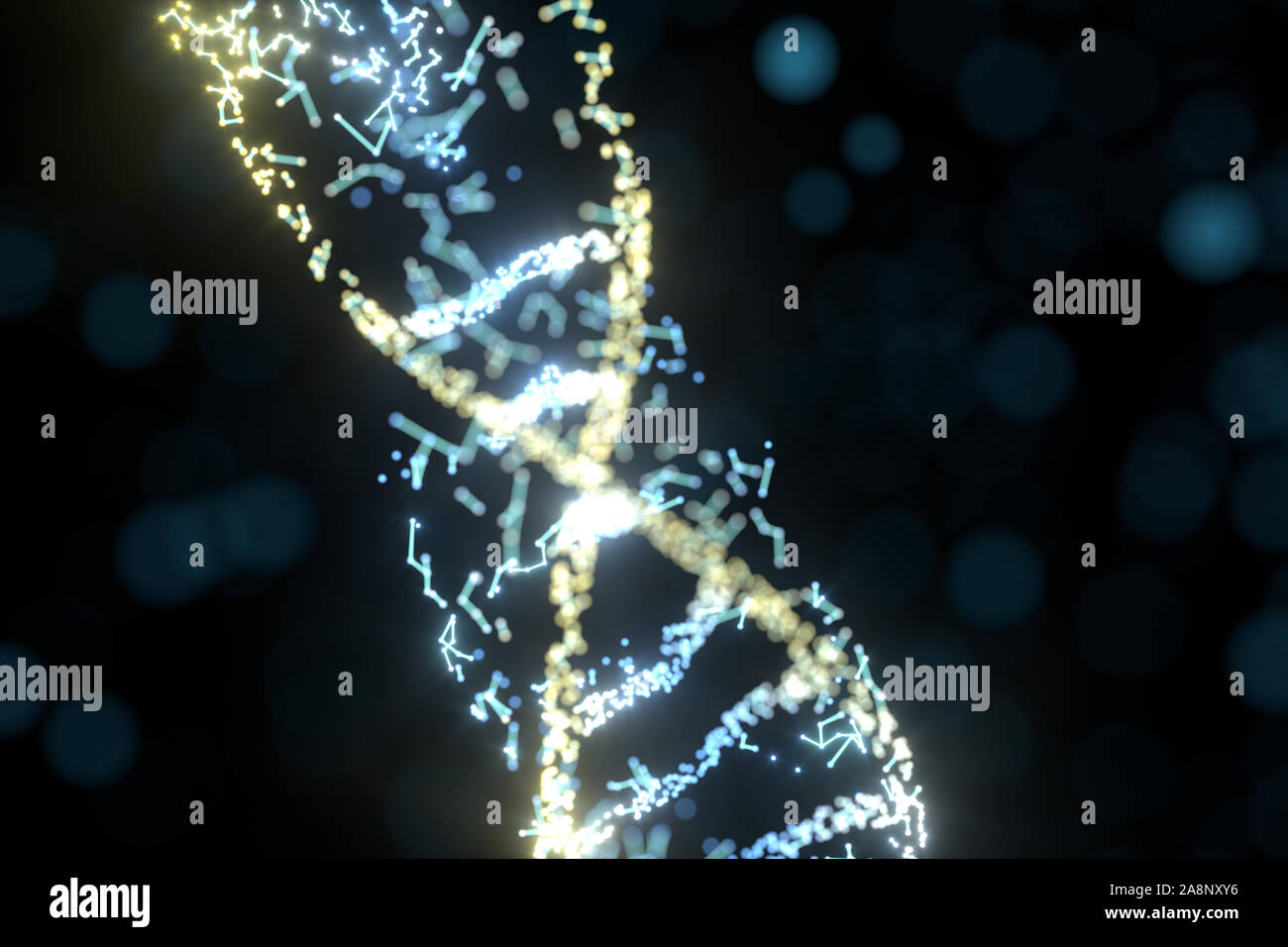 DNA particles and diffused glowing lines, 3d rendering. Computer ...