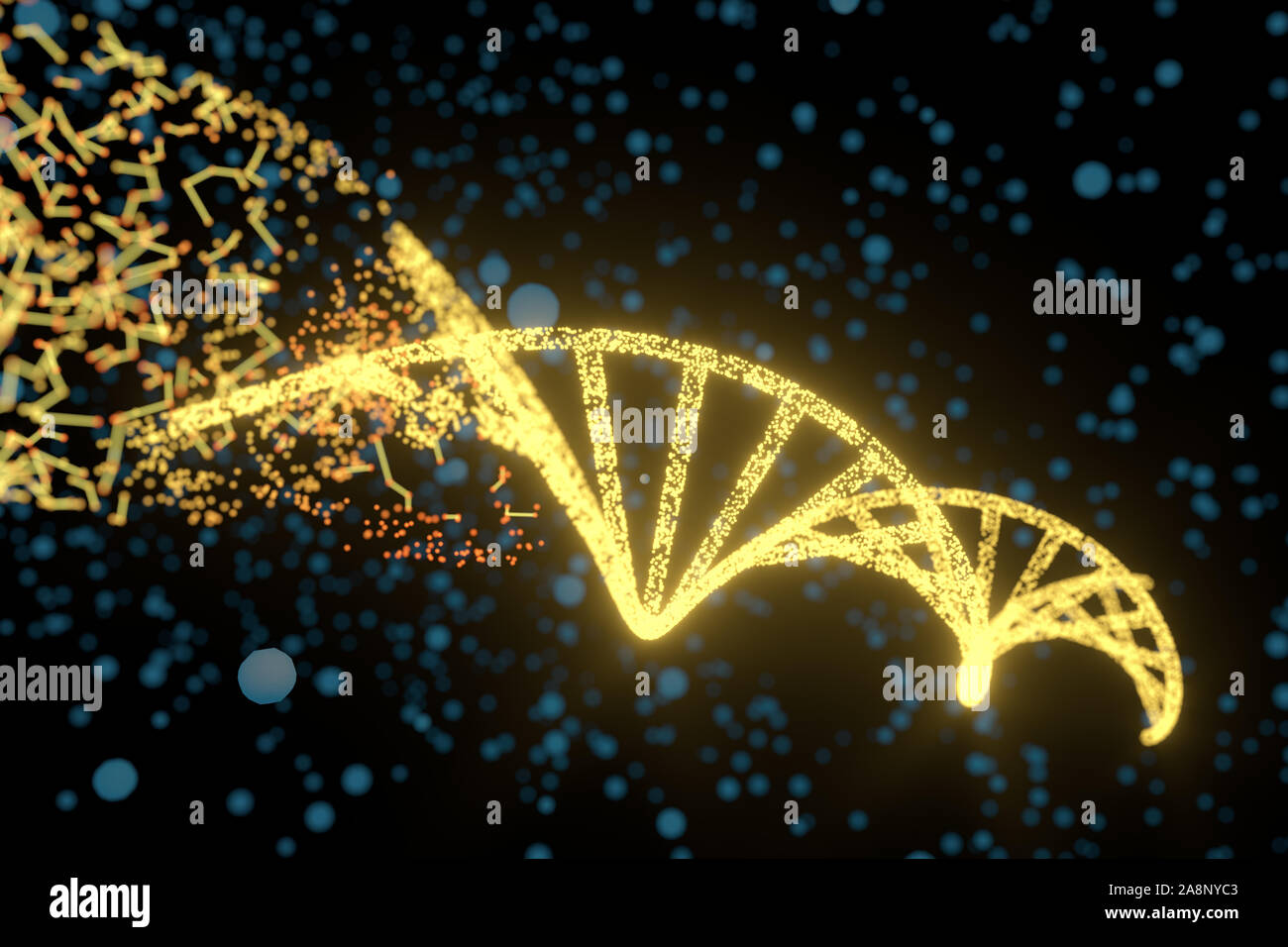 DNA particles and diffused glowing lines, 3d rendering. Computer ...