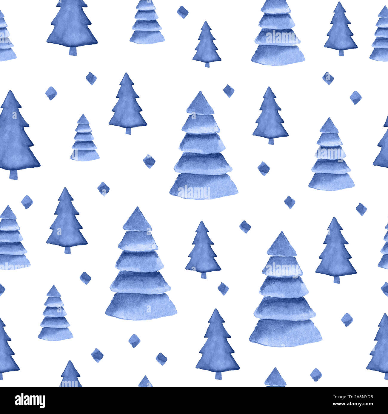 Watercolor hand drawn seamless pattern with blue indigo trees. Hand ...