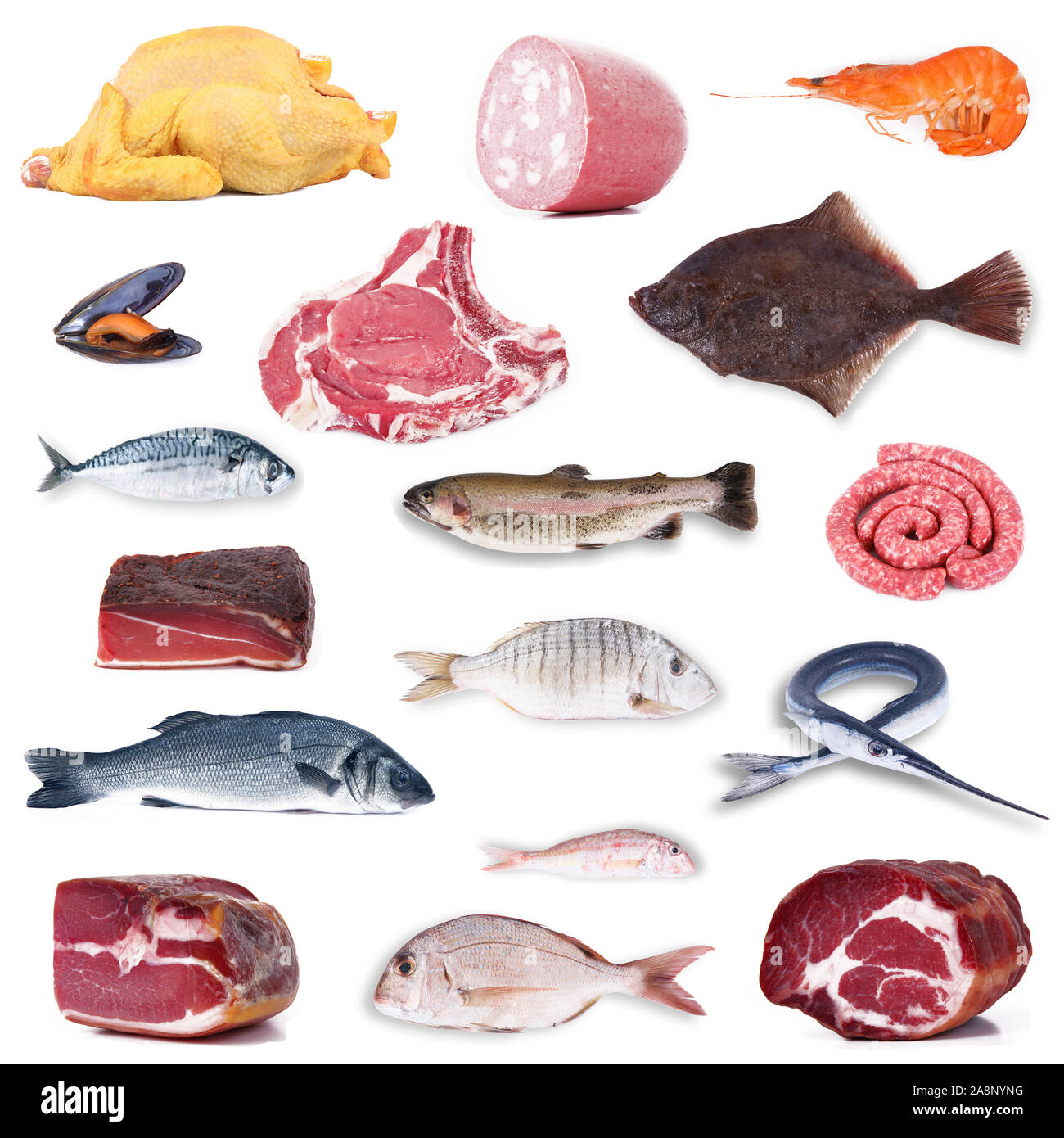 miscellanous food collage on white background Stock Photo - Alamy