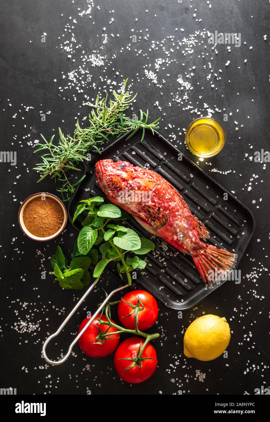 Ingredients for the preparation of a grilled fish Stock Photo - Alamy