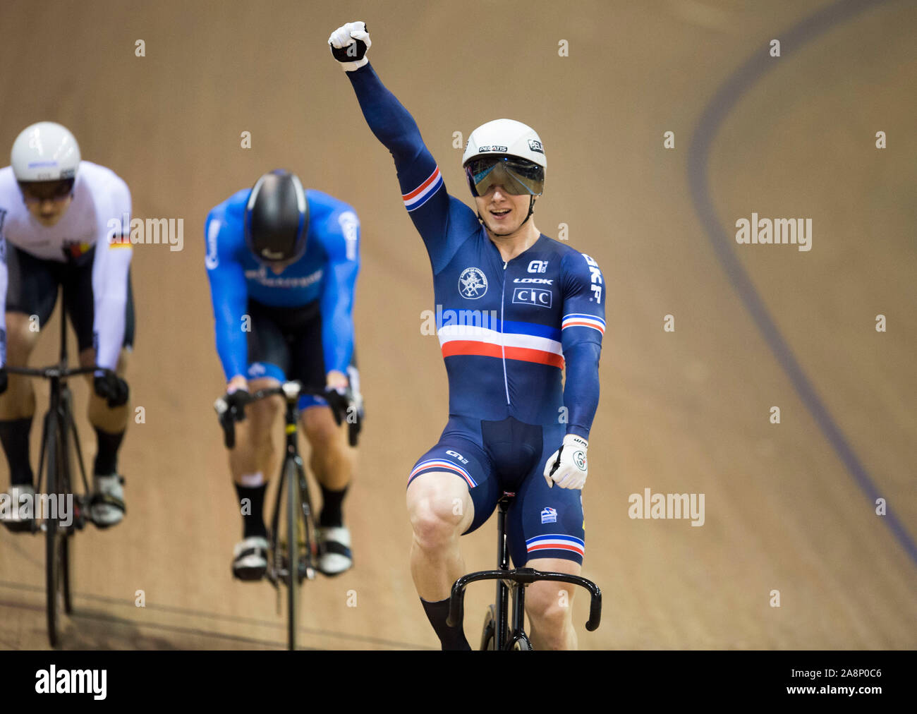 France's Sebastien Vigier celebrates after winning the Men's Keirin ...