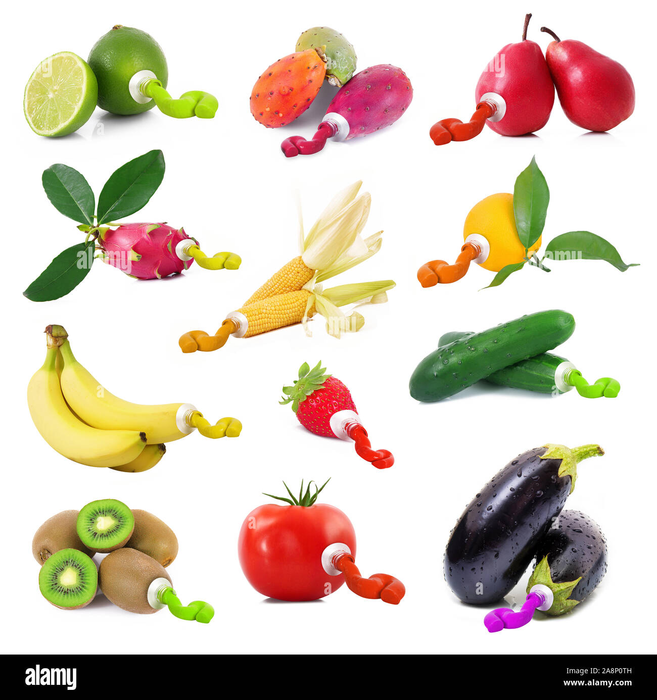 fruit and vegetables like a tube of paint on white background Stock ...